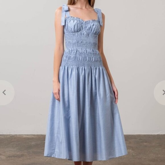 Moon River | Dresses | Moon River Blue Ruched Tie Shoulder Midi Dress ...